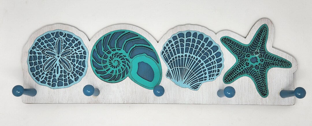 Nautical Sea Shell Design Laser Cut Wooden 5 Peg Hat Rack. Multi ...
