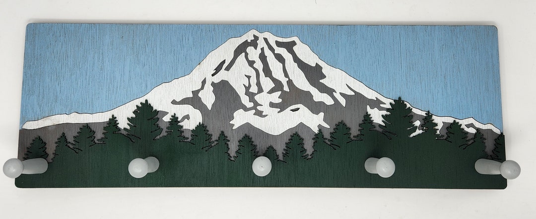 Mount Rainier With Tree Line Laser Cut Wooden 5 Peg Hat Rack. Multi ...