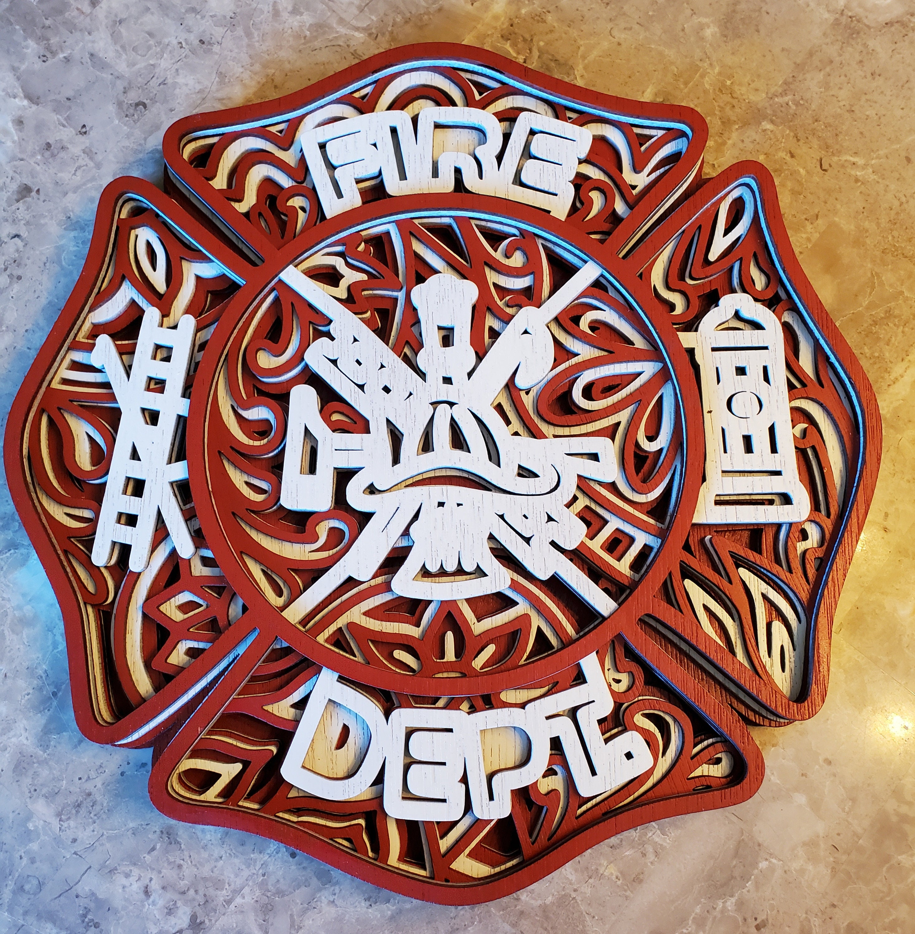 Firefighter Maltese Cross Symbol - Wood Multi-layered Design, 3D ...