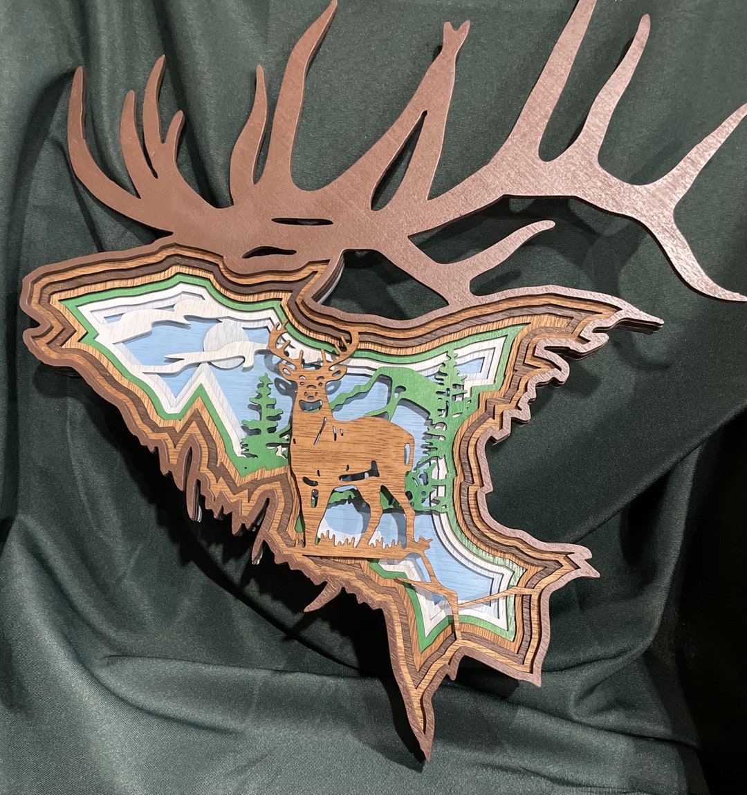ELK Mountain Scene - Wood Multi-layered Design, 3D Layered Art, Wall ...