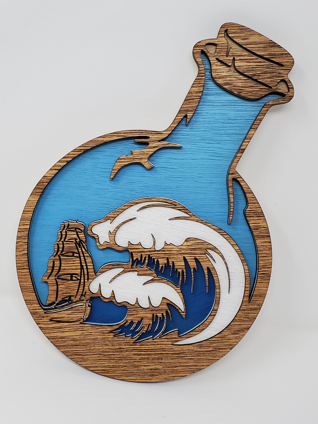 Ship in a Bottle Art Design - Wood Multi-layered Design, 3D Layered Art ...