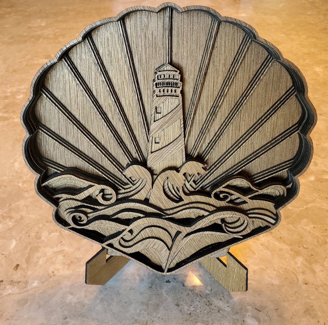 Lighthouse Shell Ocean Waves - Wood Multi-layered Design, 3D Layered ...