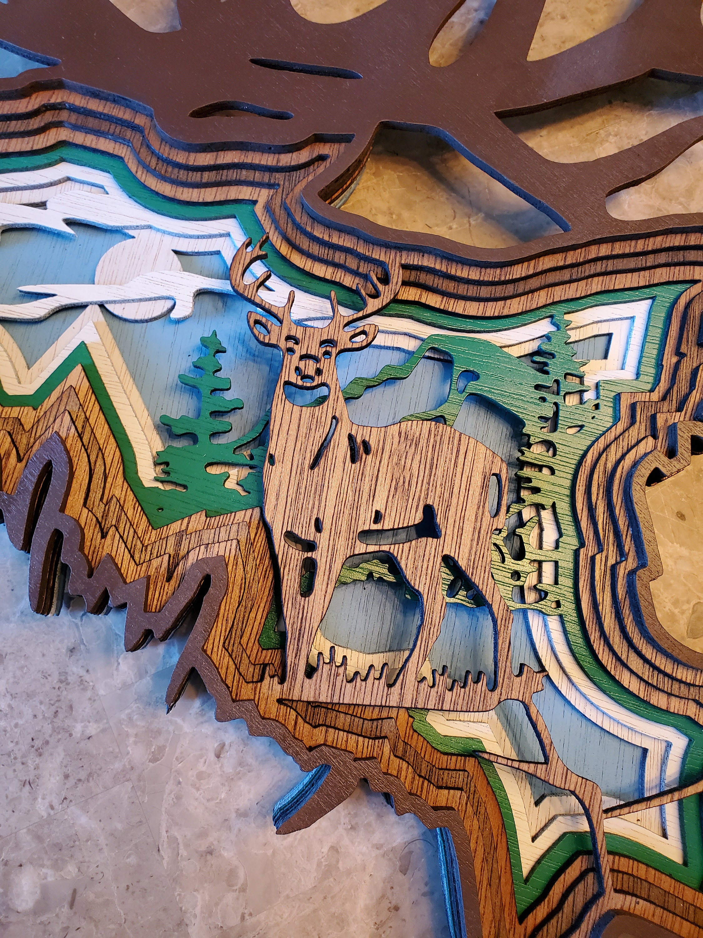 ELK Mountain Scene Wood Multi-layered Design 3D Layered - Etsy
