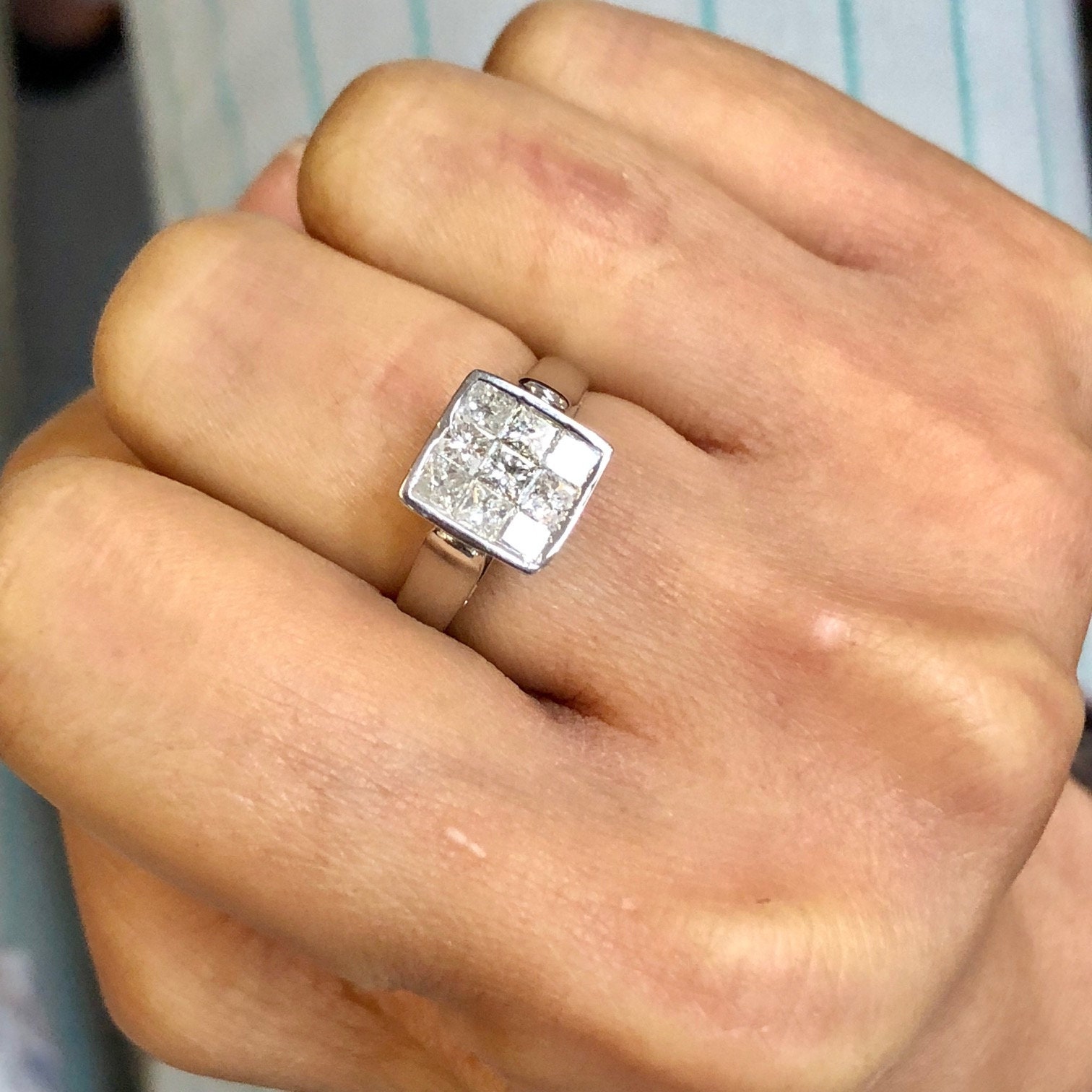 14K White Gold Diamond Clustered Square Ring Unique - Etsy