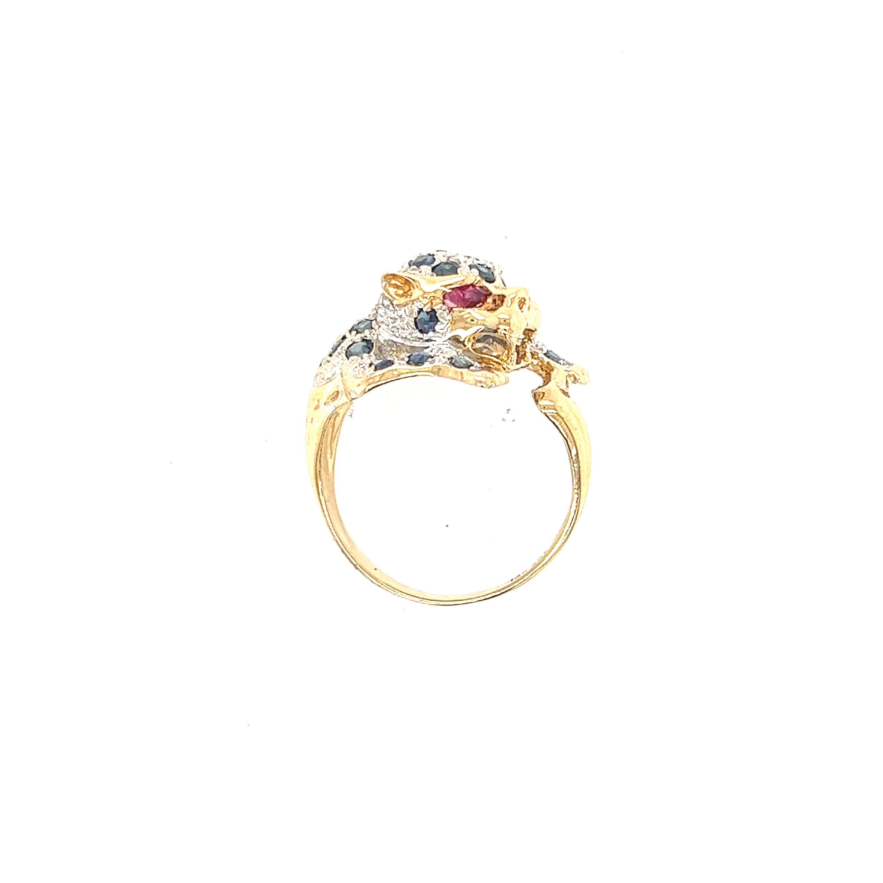 14K White Gold Diamond, Ruby, and Blue Sapphire Sheetah Ring, Animal ...