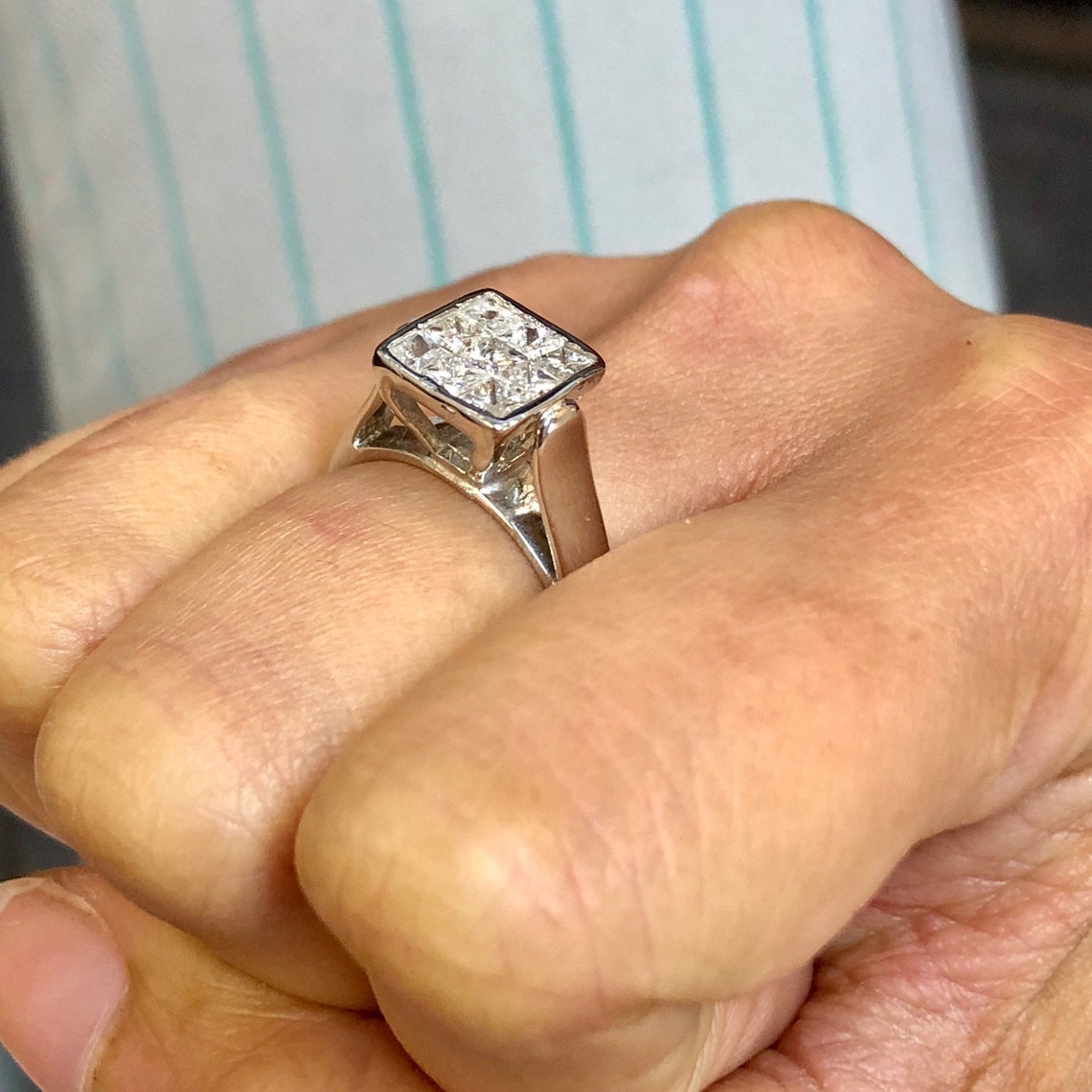 14K White Gold Diamond Clustered Square Ring Unique - Etsy