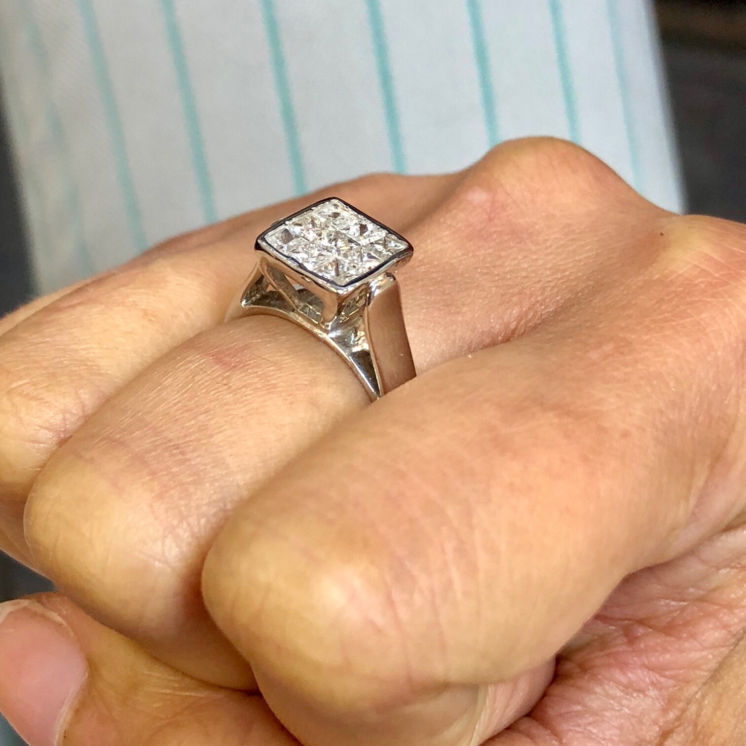 14K White Gold Diamond Clustered Square Ring Unique - Etsy