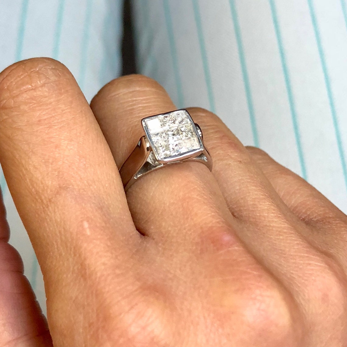 14K White Gold Diamond Clustered Square Ring Unique - Etsy