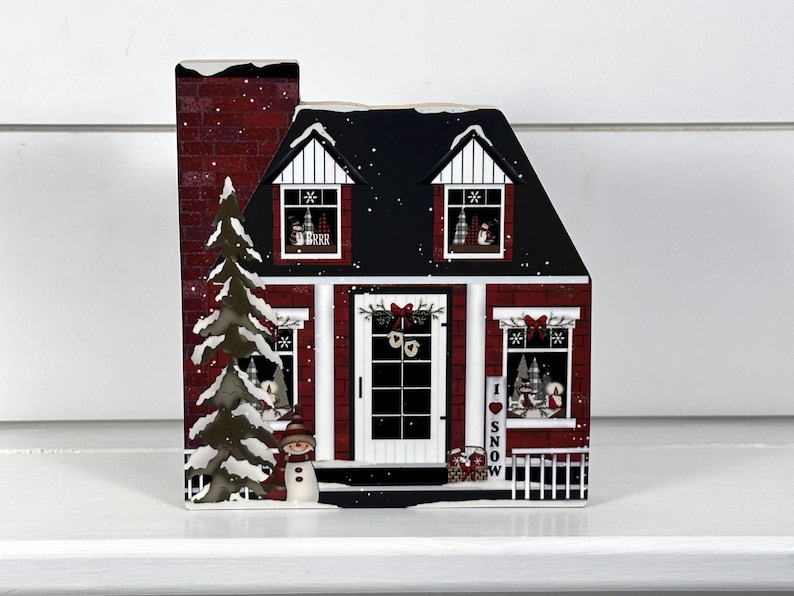 Red Brick Winter Dormer House Decor, Kids in the Snow With Snowman ...