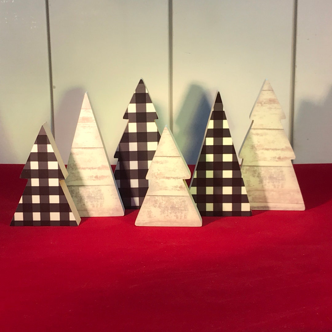 Buffalo Plaid Pine Tree, Short 6 Piece Tree Set, Black White Buffalo ...