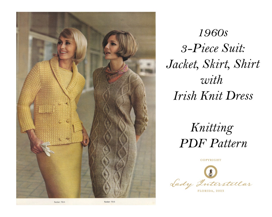 1960s 3-piece Suit: Jacket, Shirt and Skirt, With Irish Knit Dress Knitting Pattern Great ...
