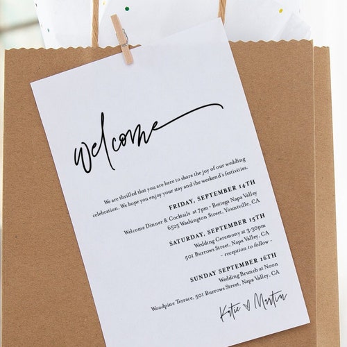 Wedding Itinerary Welcome Letter Template Welcome Bag Note - Etsy