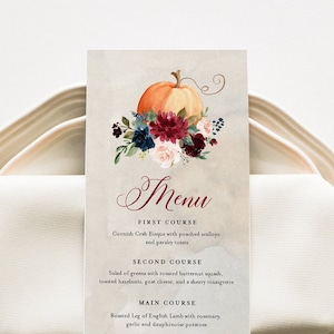 Fall Menu Card Template, Pumpkin Dinner Menu for Wedding, Bridal Shower ...