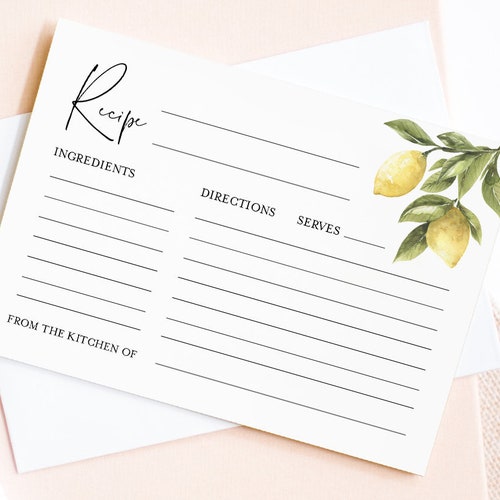 Lemon Recipe Card Template Printable Citrus Bridal Shower - Etsy