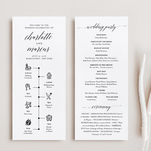 Wedding Timeline Program Template Minimalist Order of Events | Etsy
