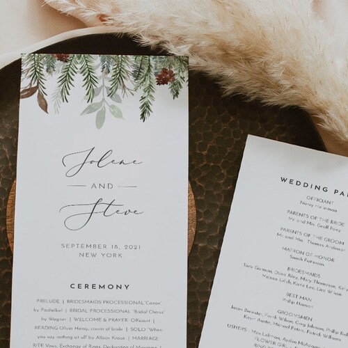 Pine Cone and Cotton Wedding Program Template Editable Winter - Etsy