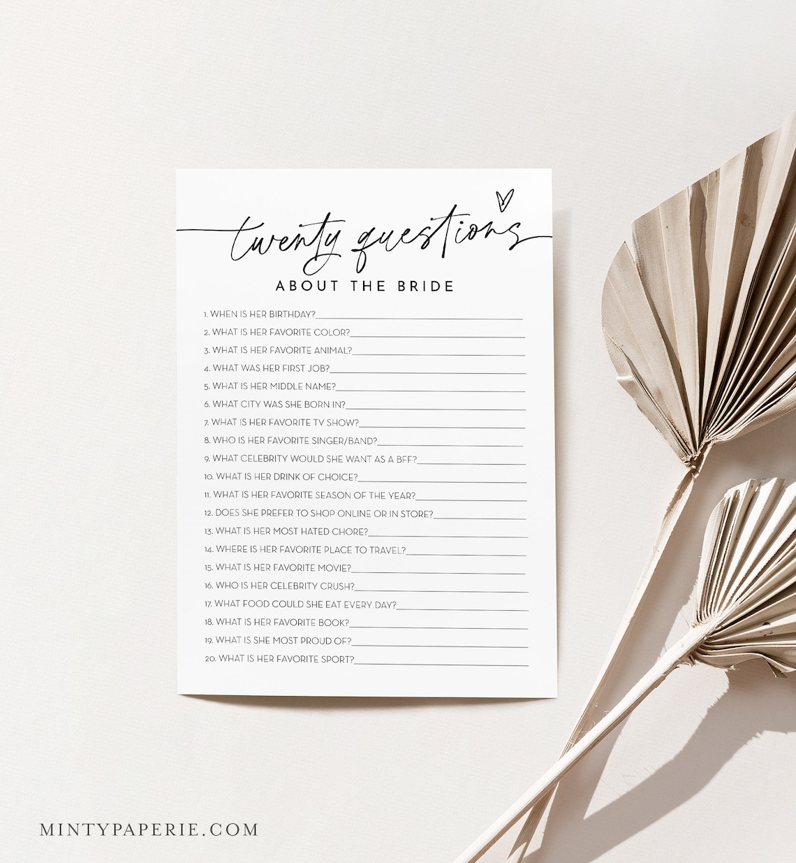 20 Questions About the Bride, Bridal Shower Game, How Well Do You Know ...