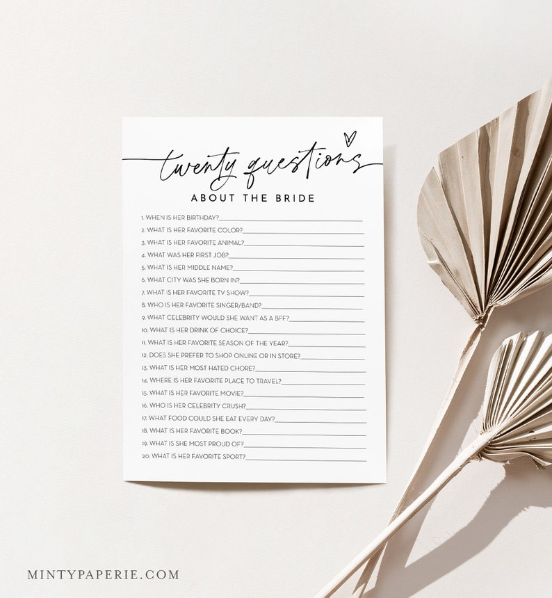 20 Questions About the Bride, Bridal Shower Game, How Well Do You Know ...