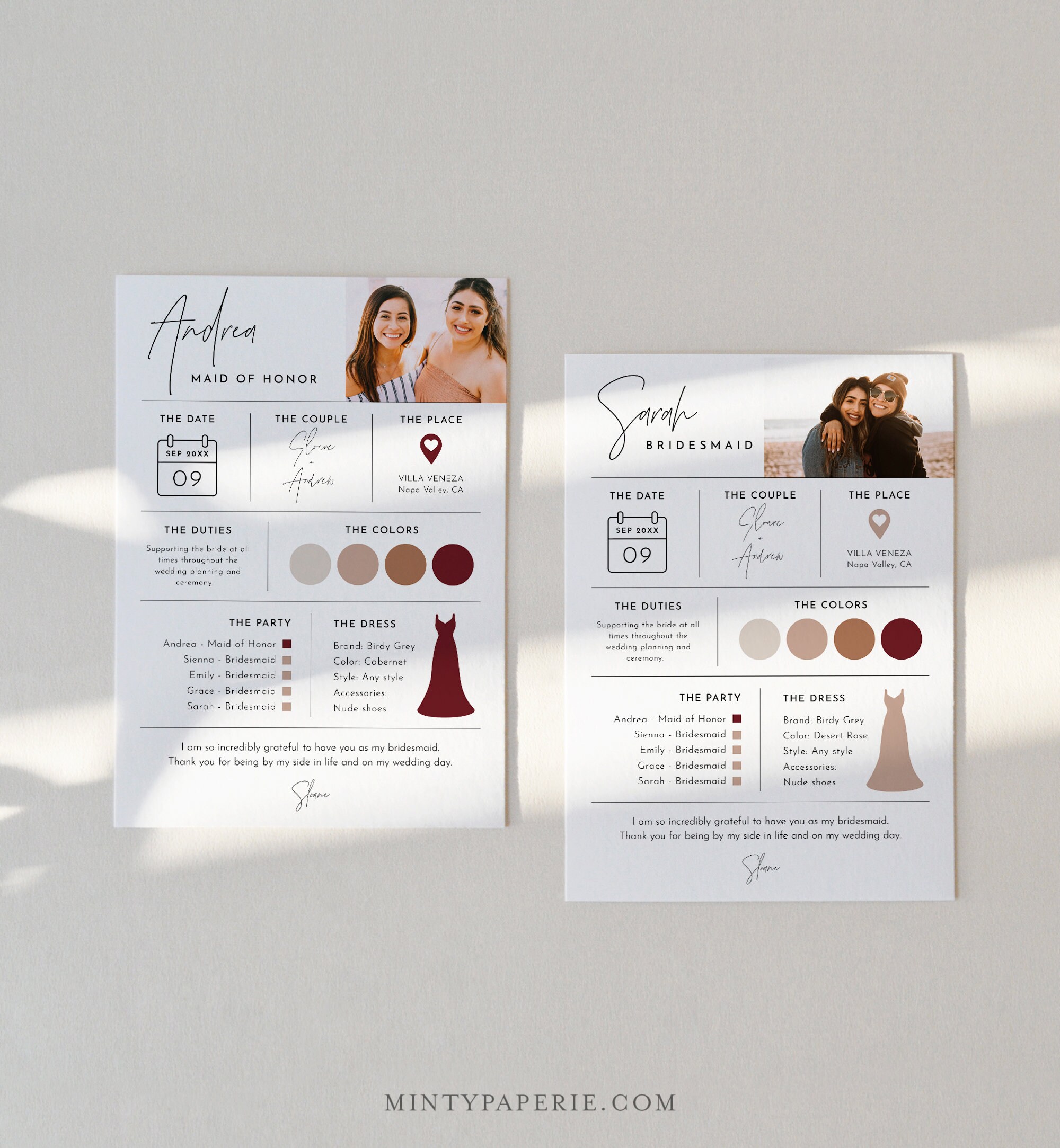 Bridesmaid Info Card Template Photo Bridal Party Info Card Modern 