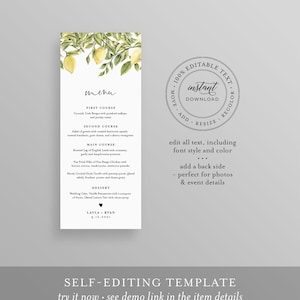 Lemon Menu Template, Summer Wedding Dinner Menu Card, Printable Citrus ...