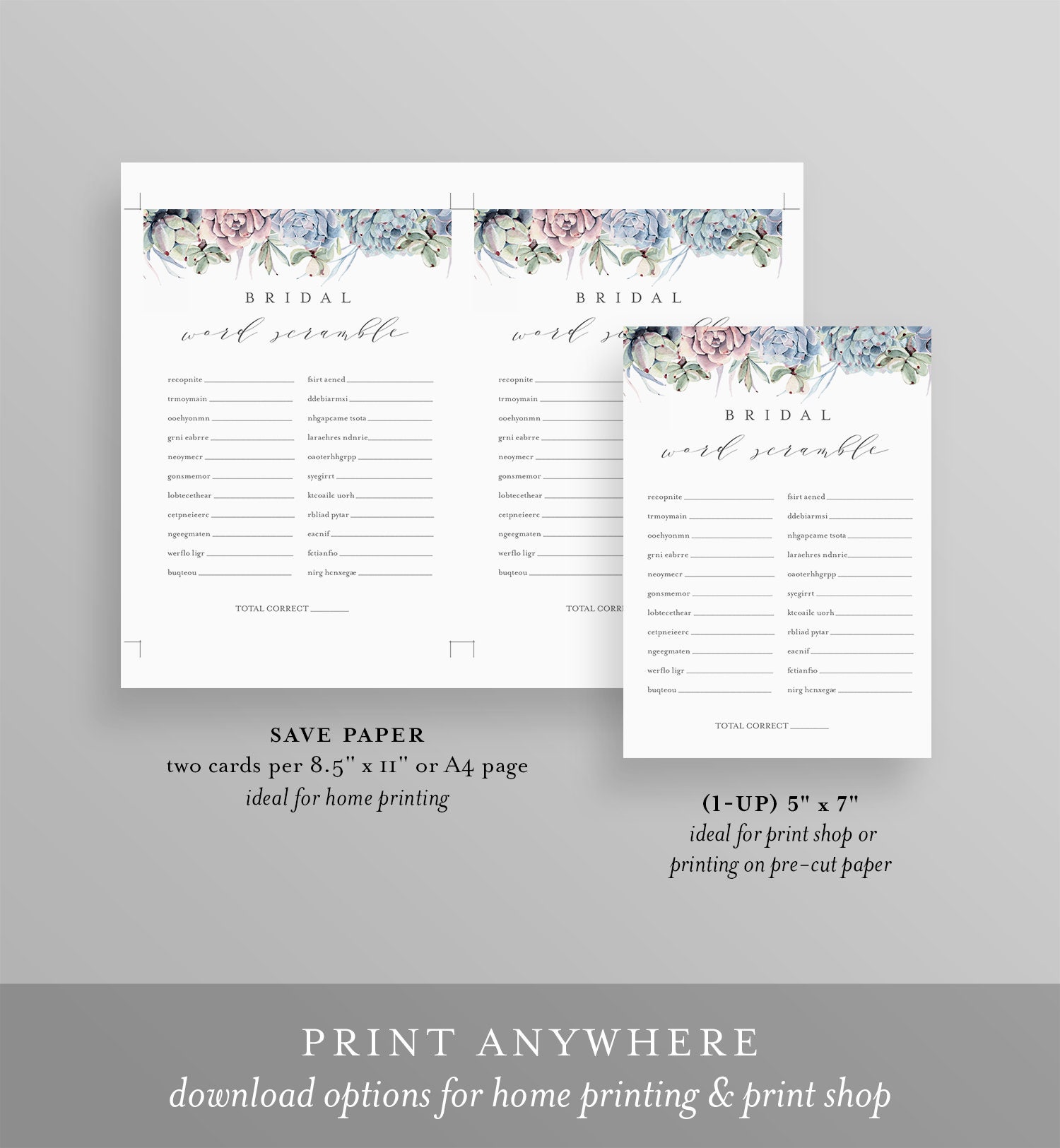 Word Scramble Bridal Shower Game Template Printable Succulent Bridal 
