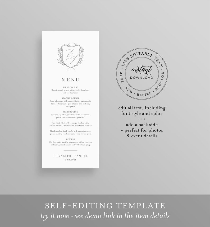 Wedding Crest Menu Template Printable Minimalist & Modern | Etsy