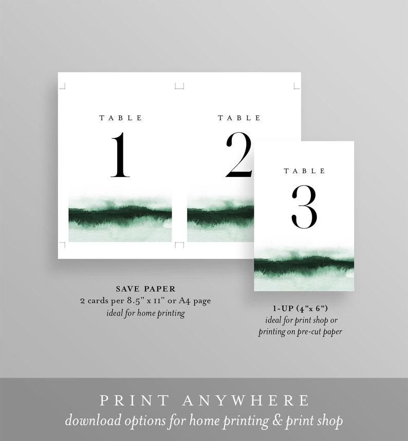 Emerald Green Table Number Card Template, Watercolor Wedding Table ...