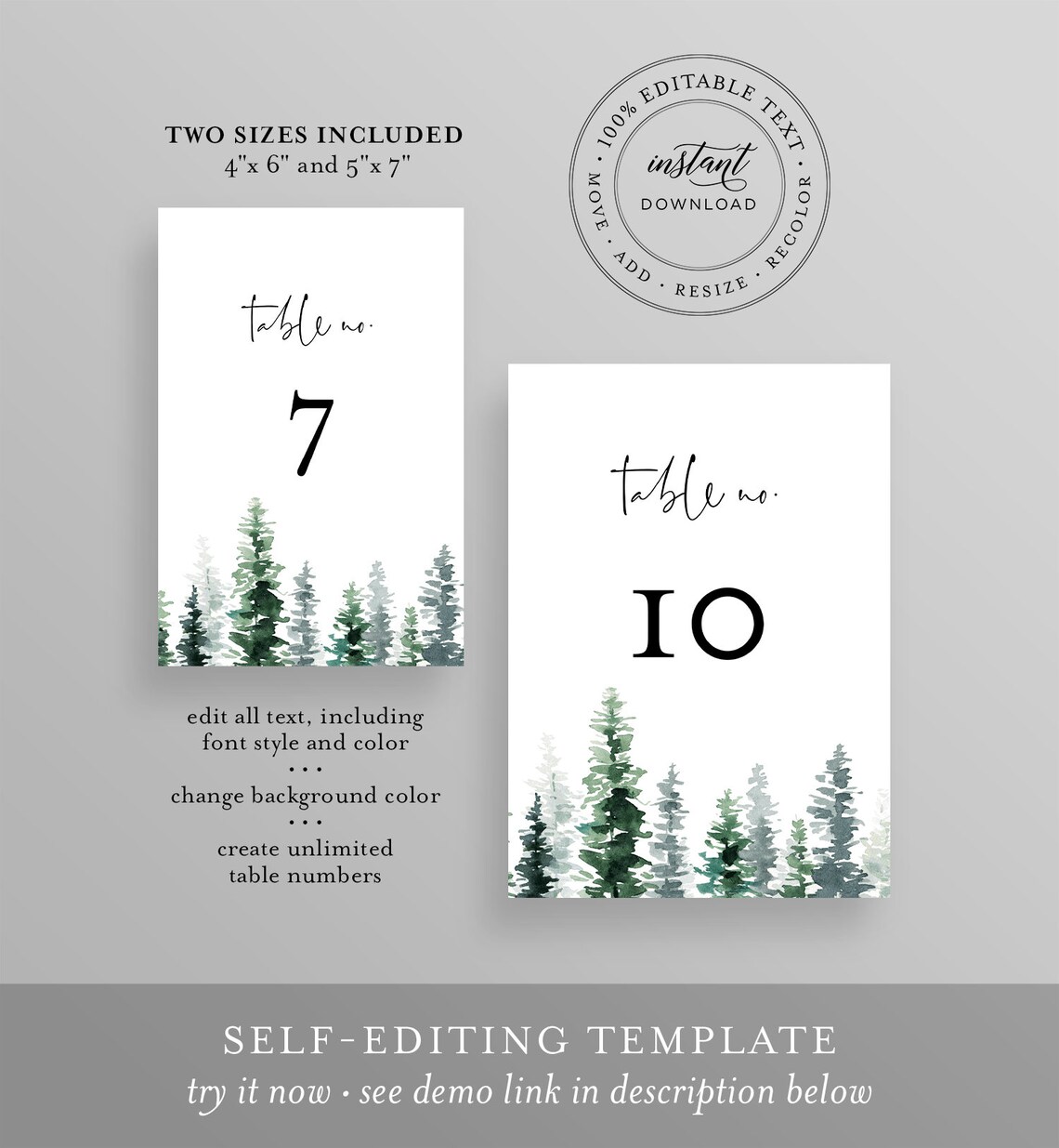 Rustic Wedding Table Number Template Printable Winter Pine | Etsy