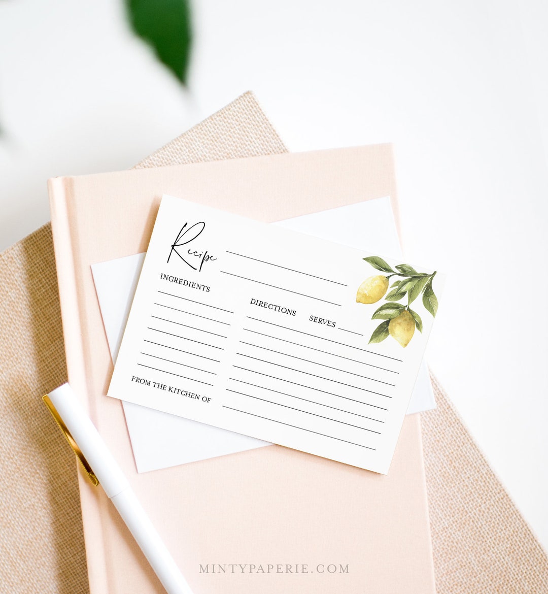 Lemon Recipe Card Template, Printable Citrus Bridal Shower Recipe ...