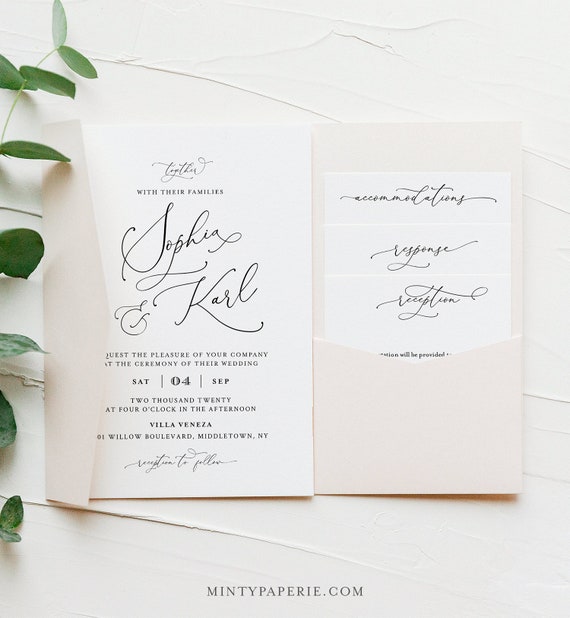 Pocket Wedding Invitation Set Romantic Script Invite & | Etsy