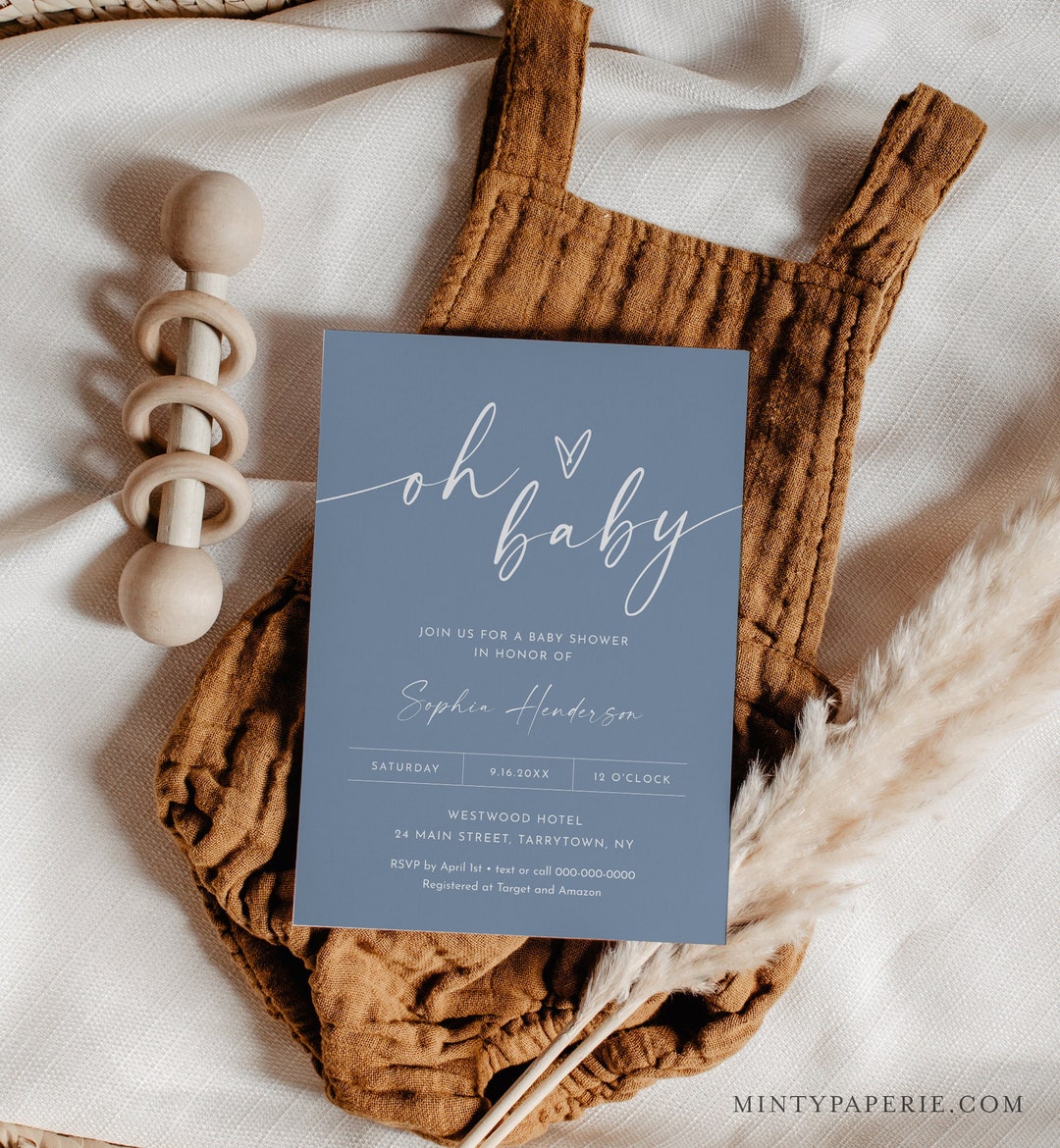 Dusty Blue Baby Shower Invitation, Minimalist Boy Baby Shower Invite ...