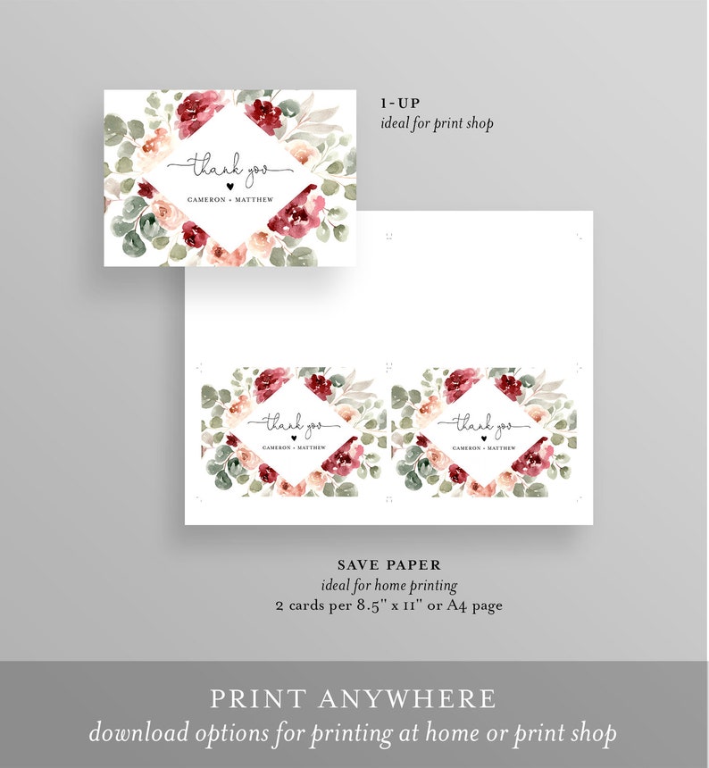 Thank You Note Card Template Printable Watercolor Boho Floral - Etsy