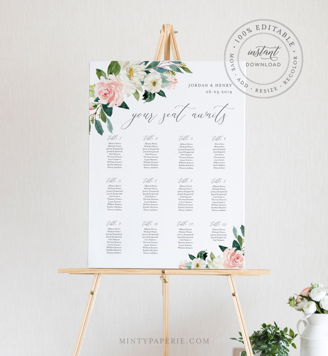 Floral Seating Chart Template, Printable Wedding Seating Sign, Instant ...