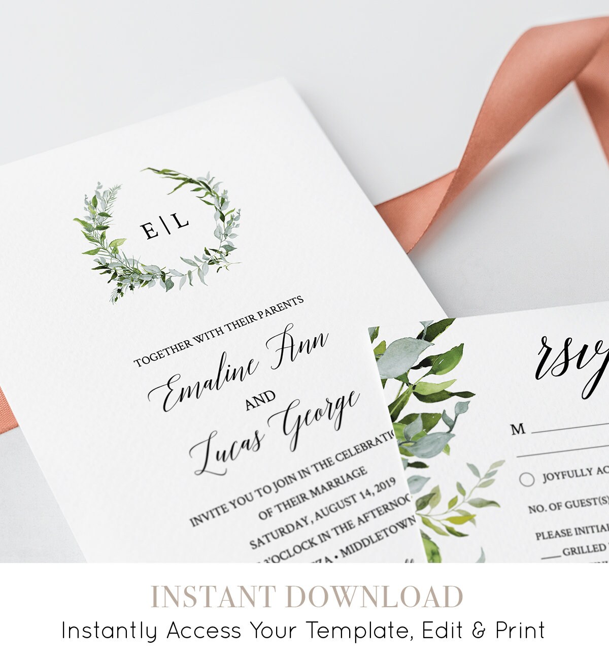 Greenery Wedding Invitation Suite Watercolor Laurel Wreath | Etsy