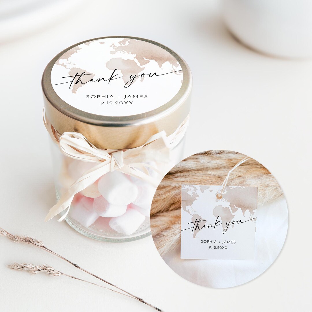 World Map Favor Tag / Label Template, Thank You Sticker, Travel Bridal ...