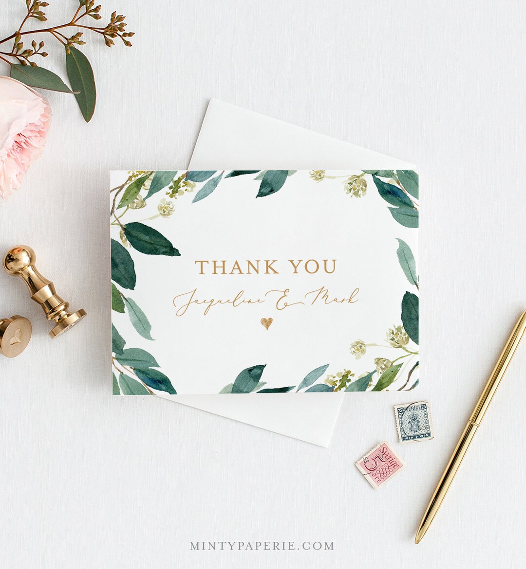 Thank You Card Template, Winter Greenery, Holiday, Editable Text ...