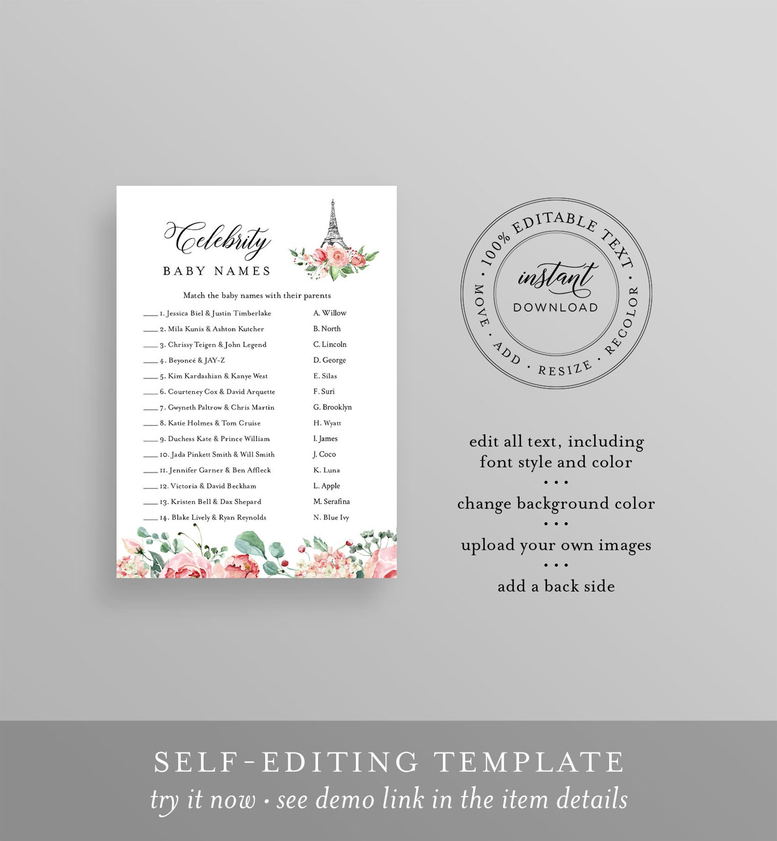 Celebrity Baby Name Game, Printable Paris Baby Shower Game, Baby Name ...