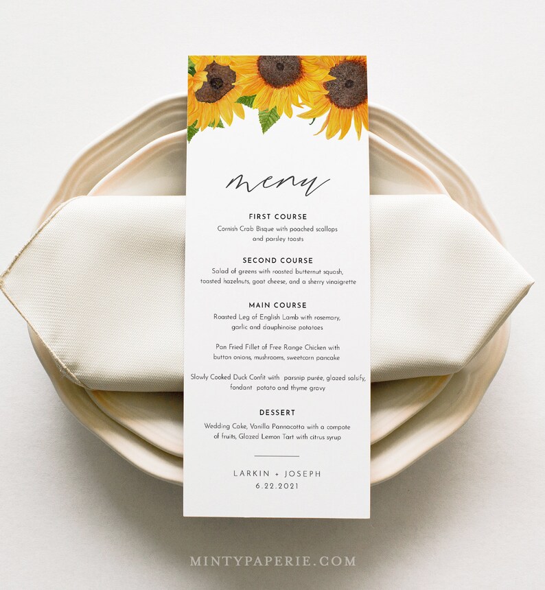 Sunflower Menu Template Wedding Dinner Menu Card Printable - Etsy