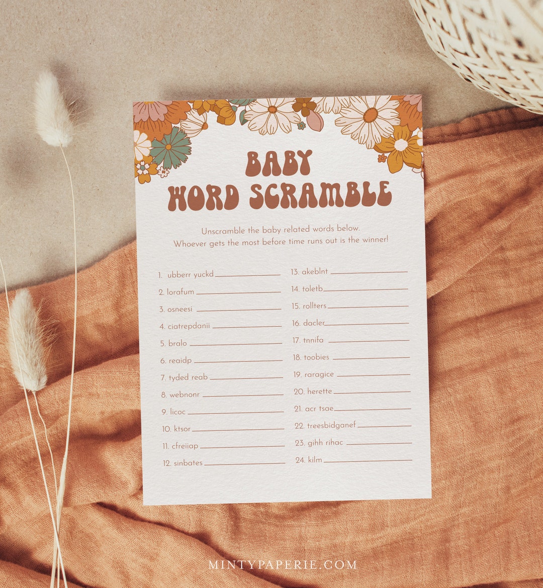 Baby Word Scramble Game, Printable Retro Groovy Baby Word Puzzle, Baby ...