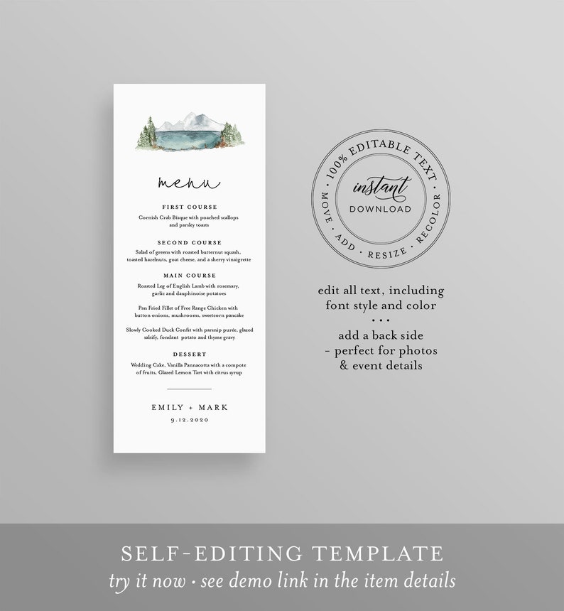 Lake Menu Template, Woodland Mountain Pine, Printable Wedding Dinner ...