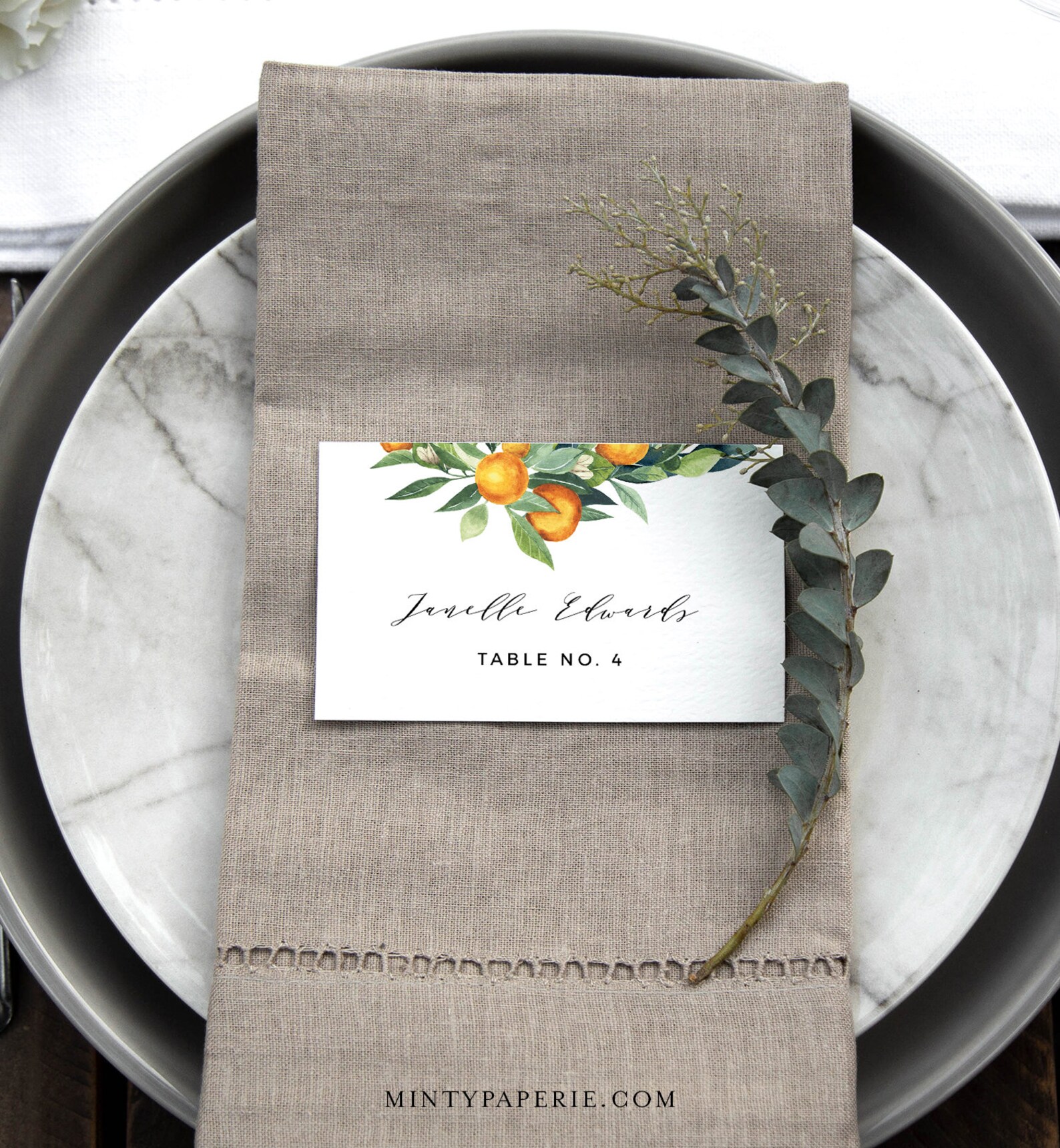 Orange Place Card Template, Printable Citrus Lemon Greenery Wedding ...