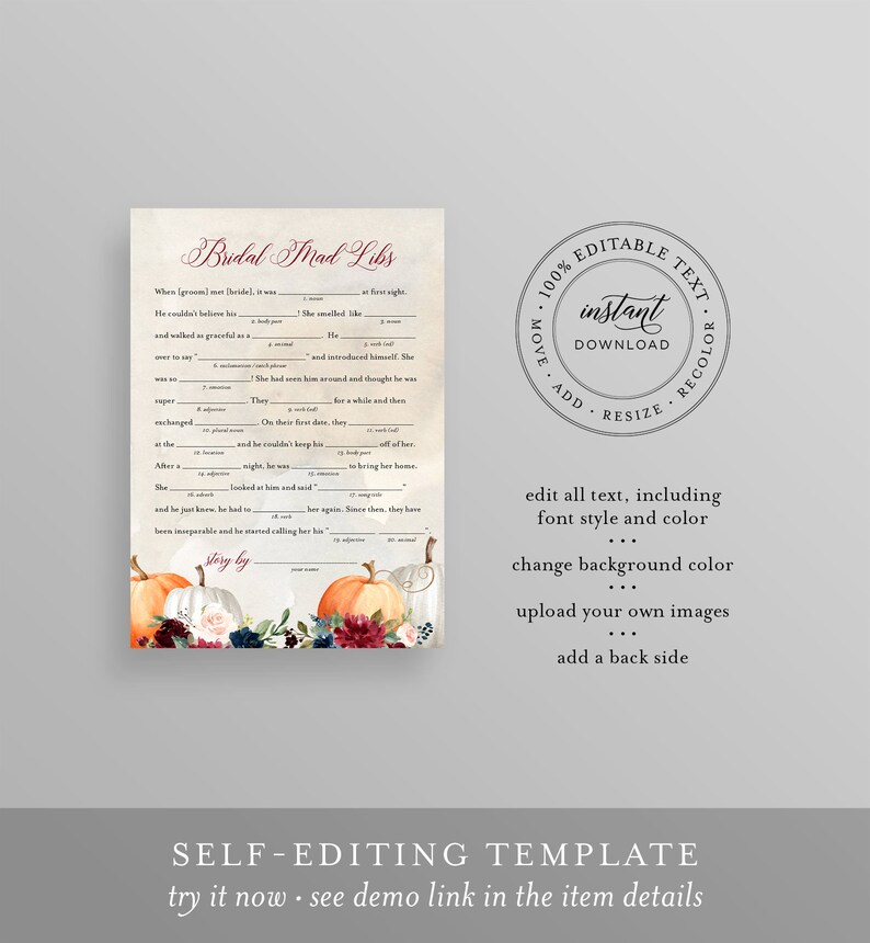 Mad Libs Bridal Shower Game Template Printable Pumpkin Fall - Etsy