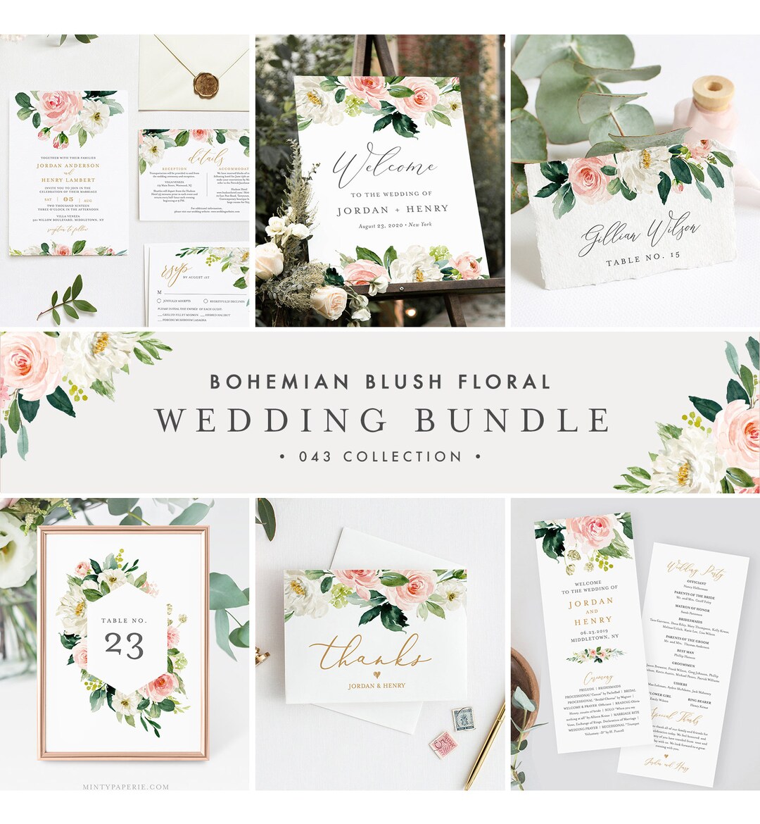 Wedding Bundle, Boho Blush Floral & Greenery Invitation Suite, Editable ...