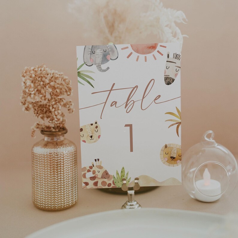 Safari Animals Table Number Card Template, Jungle Birthday Table Number ...