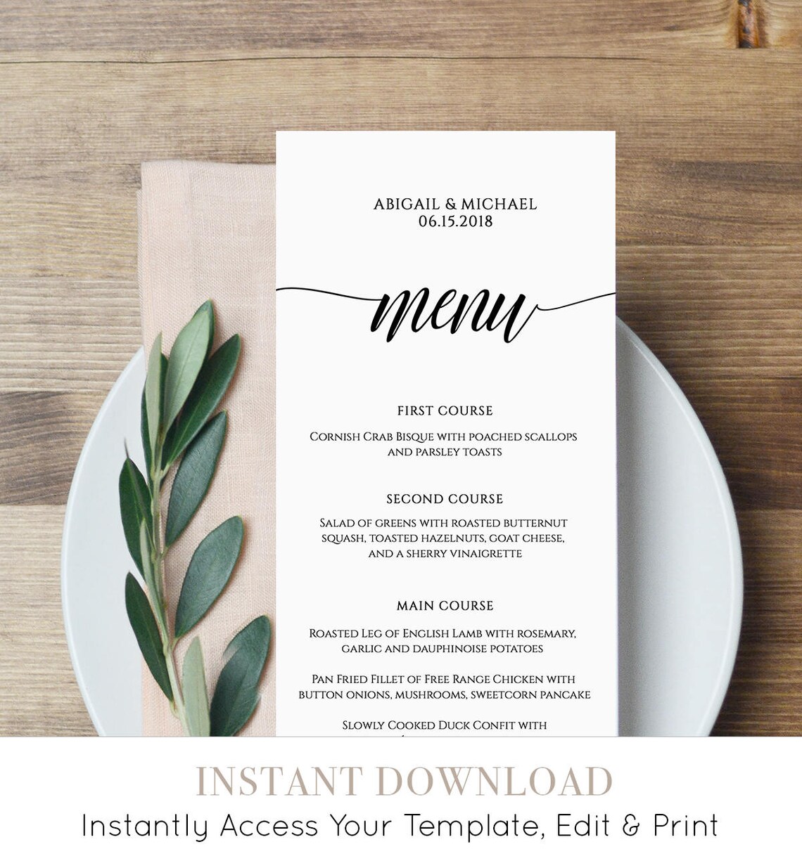 Menu Card Template, Rustic Dinner Menu, Wedding Menu Card Printable ...