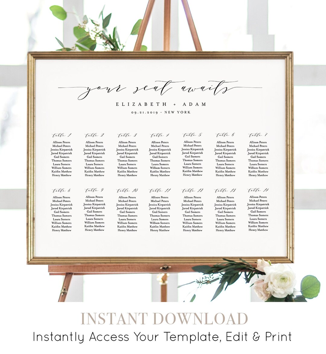 Seating Chart Template, Printable Wedding Seating Sign, 100% Editable ...