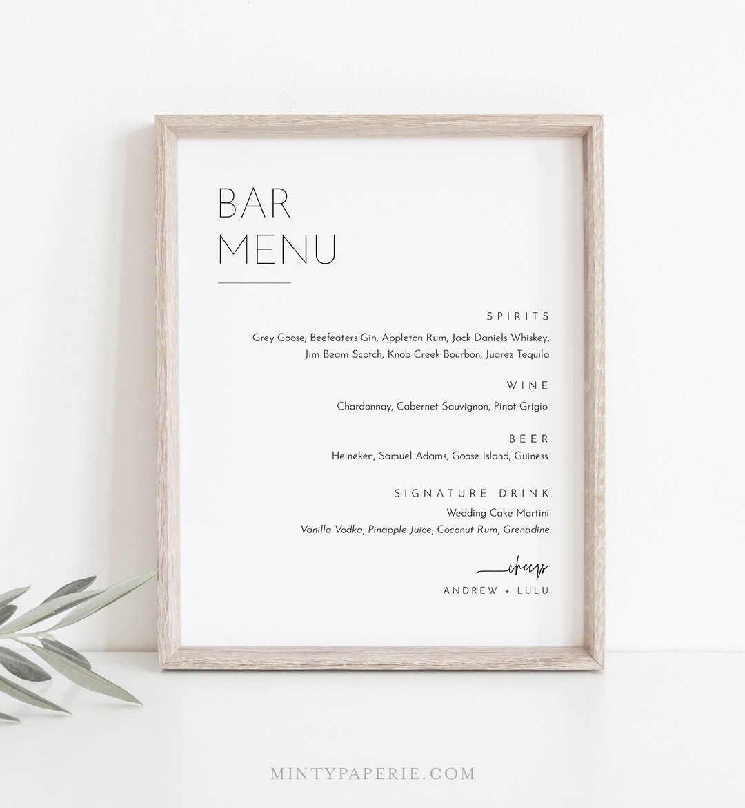 Minimalist Bar Menu Sign, Printable Wedding Bar Menu, Alcohol Drinks ...