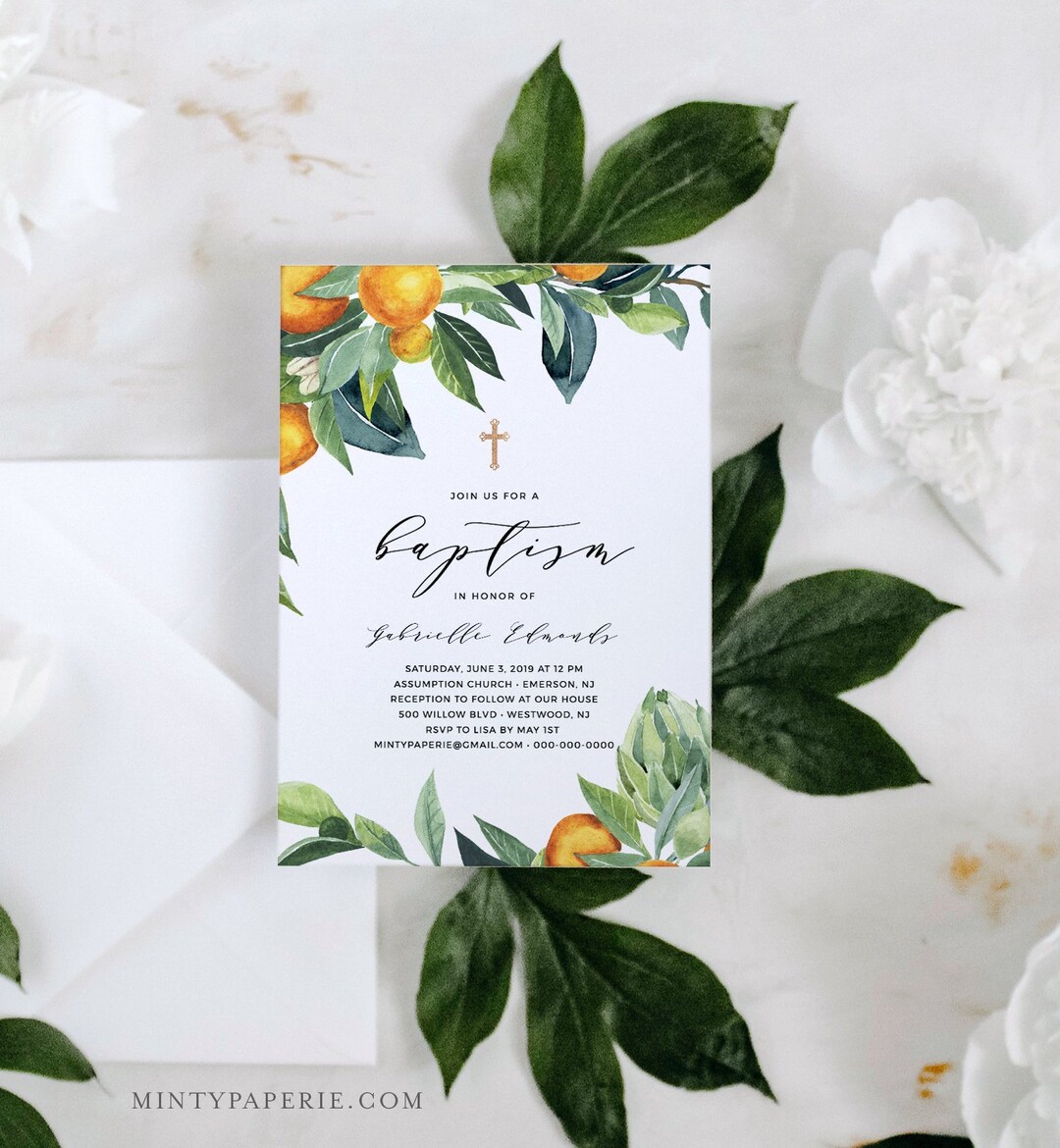 Citrus Baptism Invitation Template, INSTANT DOWNLOAD, Printable Summer ...