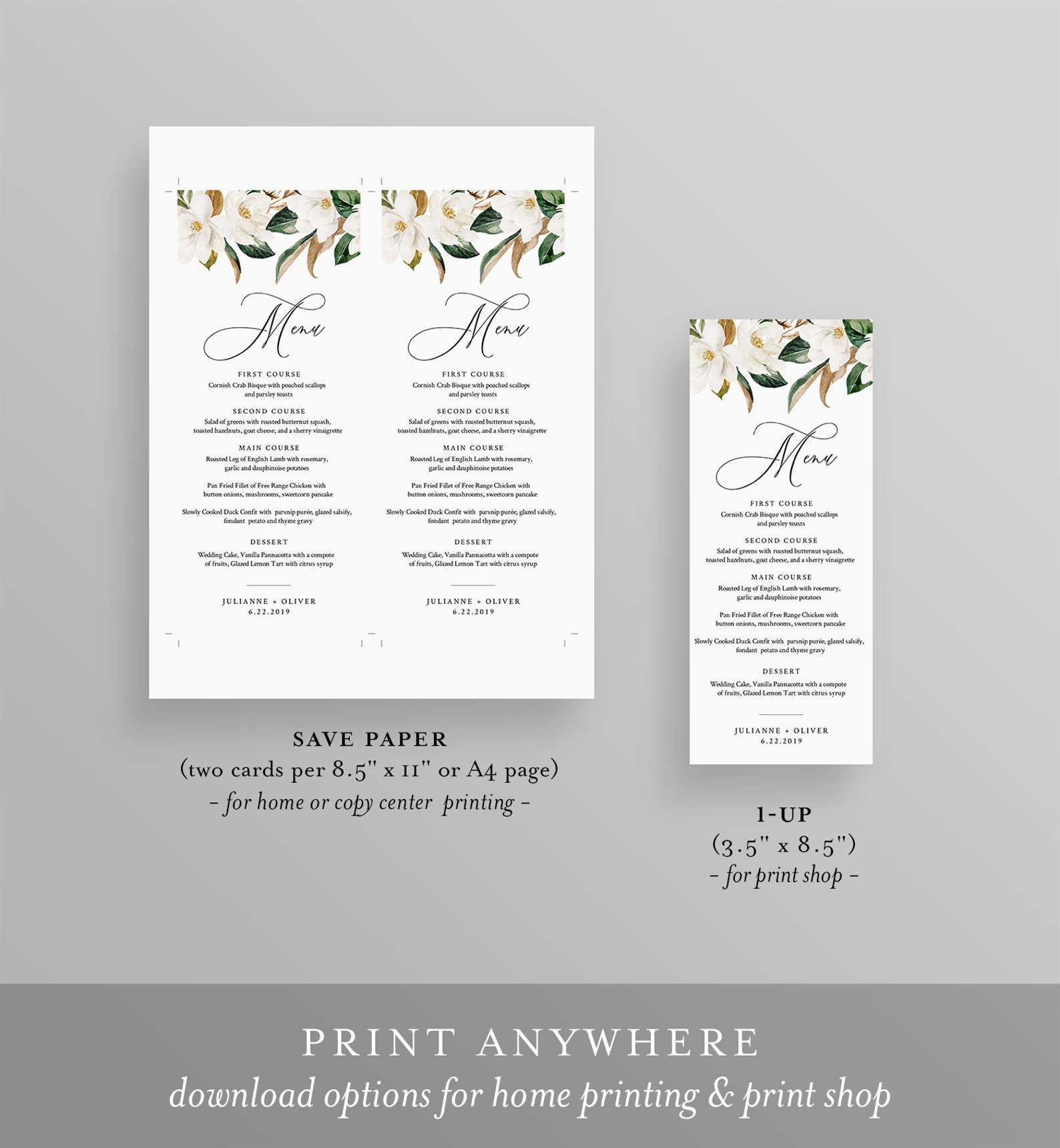 Magnolia Menu Template, Southern Wedding Menu Card, Printable DIY ...