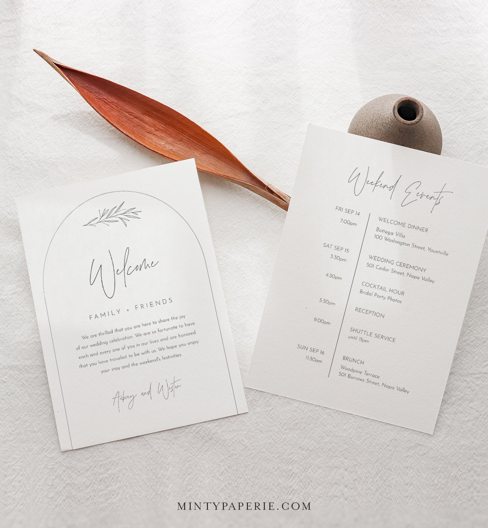 Modern Arc Welcome Letter & Timeline Template, Minimalist Wedding Order ...